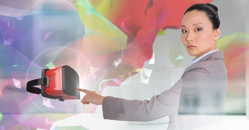 Woman Touching and Interacting with Virtual Reality Headset with ...