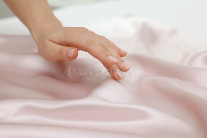 Woman Touching Smooth Silky Fabric, Closeup View Stock Image - Image of ...
