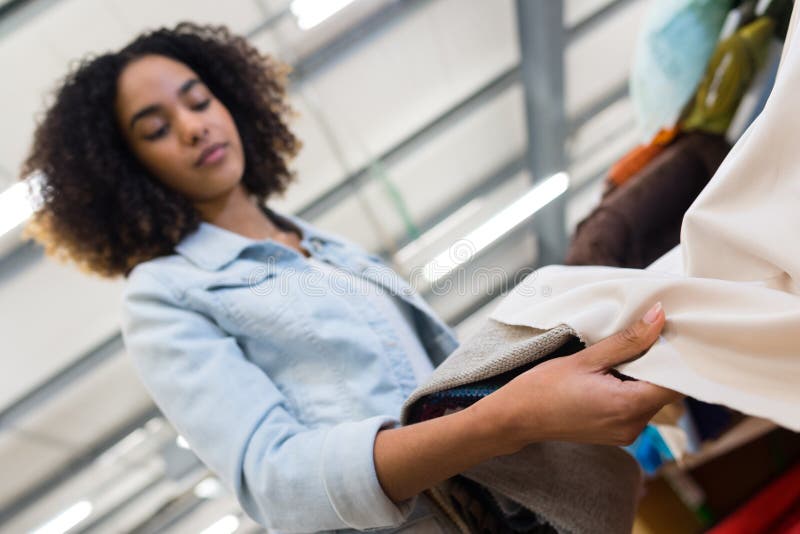 Woman Touching Sofa Material Stock Image - Image of fabric, texture ...