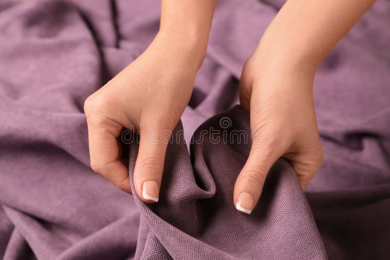 Woman Touching Soft Purple Fabric, Closeup View Stock Image - Image of ...