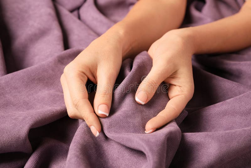 Woman Touching Soft Purple Fabric, Closeup View Stock Photo - Image of ...