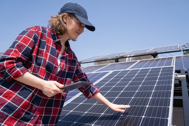 Woman Touching Solar Panel. Stock Photo - Image of touching ...