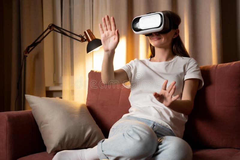 Woman Touching Something Using Virtual Reality Headset Glasses and ...