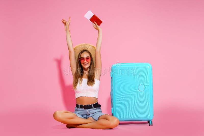 Woman Tourist Traveler With Passport And Tickets Suitcase White Top