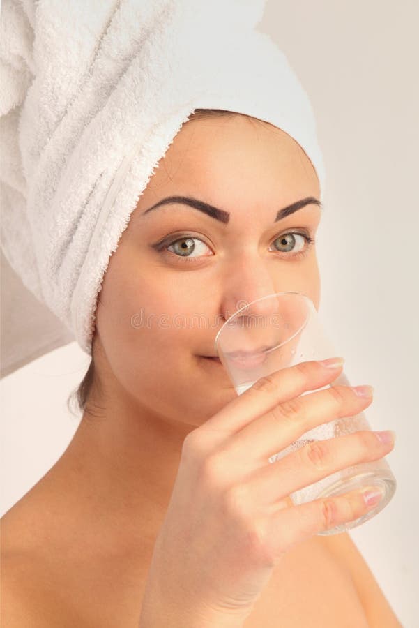 Woman in a Towel Drinking Spring Water Stock Image - Image of females ...