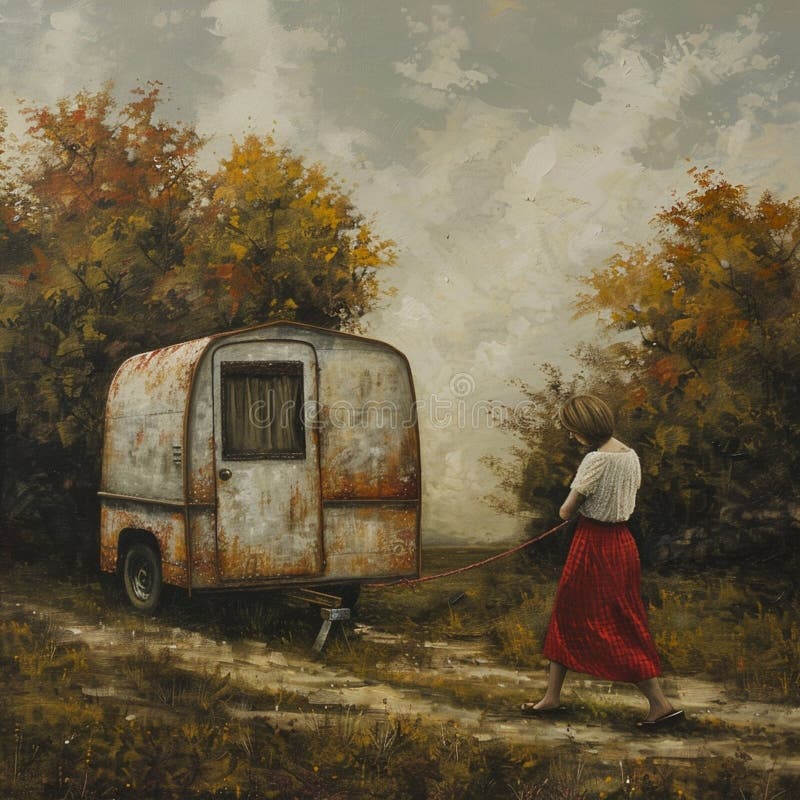 Woman Towing a Trailer Cap with a Quaint Building in the Background ...