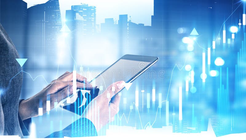 Woman Trader Using Tablet in Office, Graph Stock Photo - Image of ...