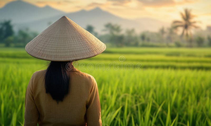 Woman in Traditional Conical Hat Overlooking Lush Rice Fields at Sunset ...