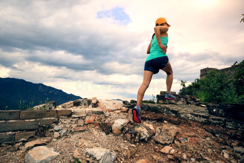 Woman Trail Runner Running at Great Wall Stock Image - Image of hiking ...