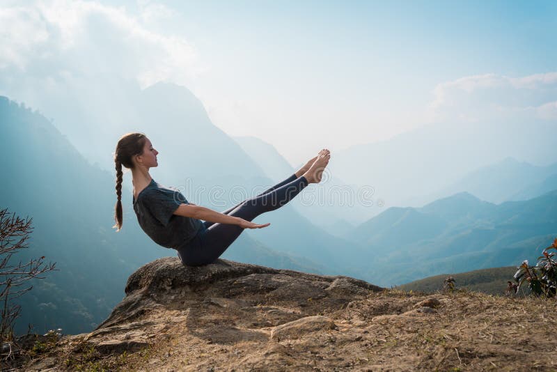 Woman Training Yoga on Mountain Cliff Stock Photo - Image of sunrise ...