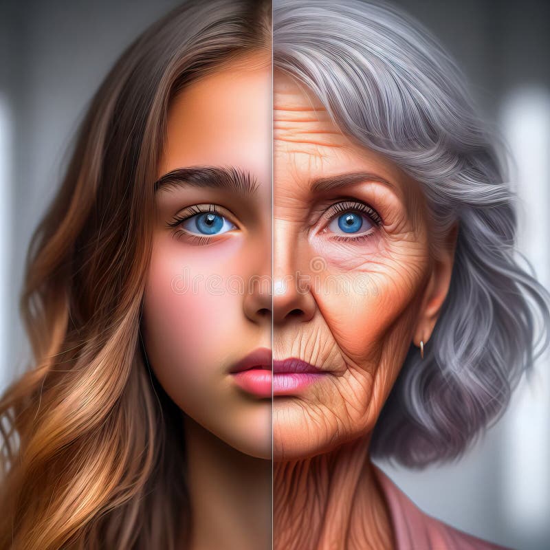 Woman Transformed from Young To Old, Studio Portrait Split Image Stock ...