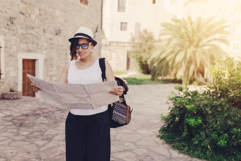 Woman Traveler with Map in Old Town Stock Image - Image of backpack ...