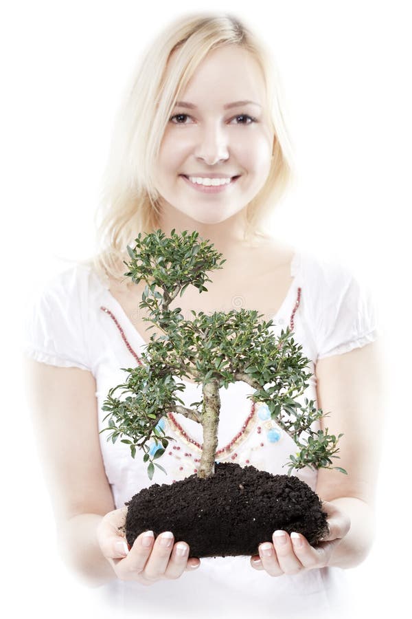 Woman with tree stock image. Image of bonsai, caucasian - 8820083