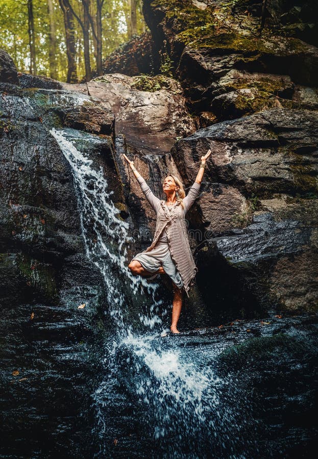 Woman in Tree Yoga Position in the Forest. Stock Photo - Image of ...