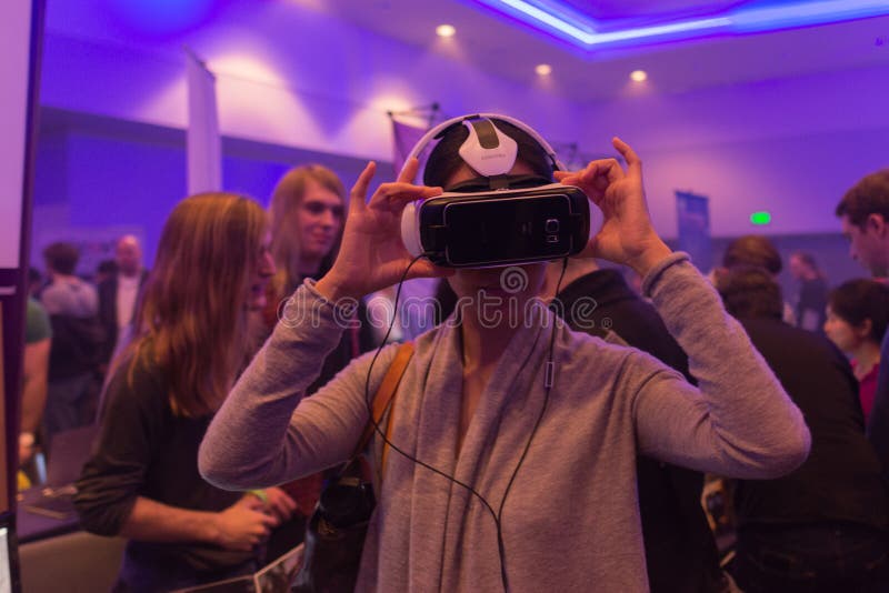 Man Tries Virtual Reality Htc Vive Headset And Hand Controls Editorial