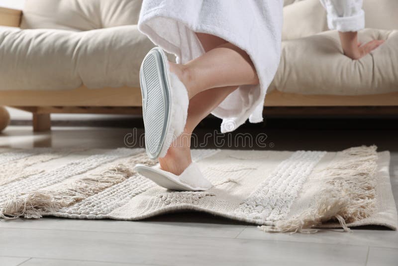 Woman Tripping Over Carpet at Home, Closeup Stock Image - Image of ...