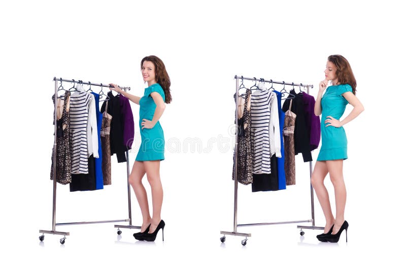 Woman Trying New Clothing on White Stock Photo - Image of compilation ...
