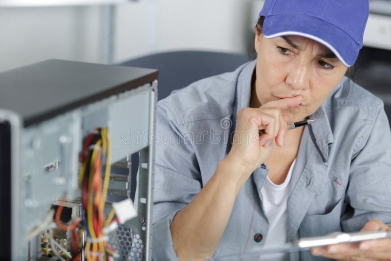 Woman Trying To Fix Pc Problem Stock Image - Image of laboratory ...