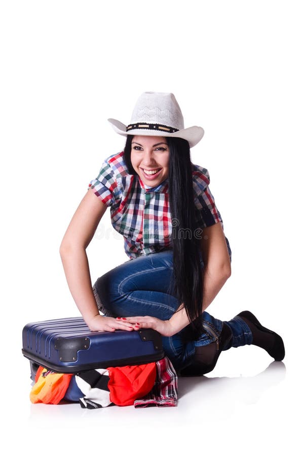 Woman Trying To Pack Too Much Isolated Stock Photo - Image of suitcase ...