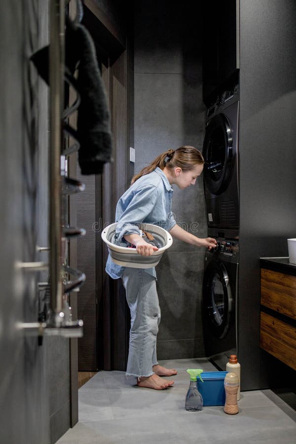 Woman Turn on Automatic Washing Machine or Select Program with Knob on ...