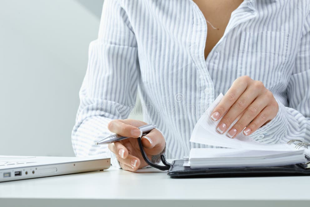 Woman Turning Notebook Page Stock Image - Image of organizer, human ...