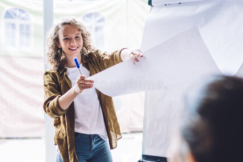 Woman Turning Paper Sheet on Whiteboard Stock Image - Image of modern ...