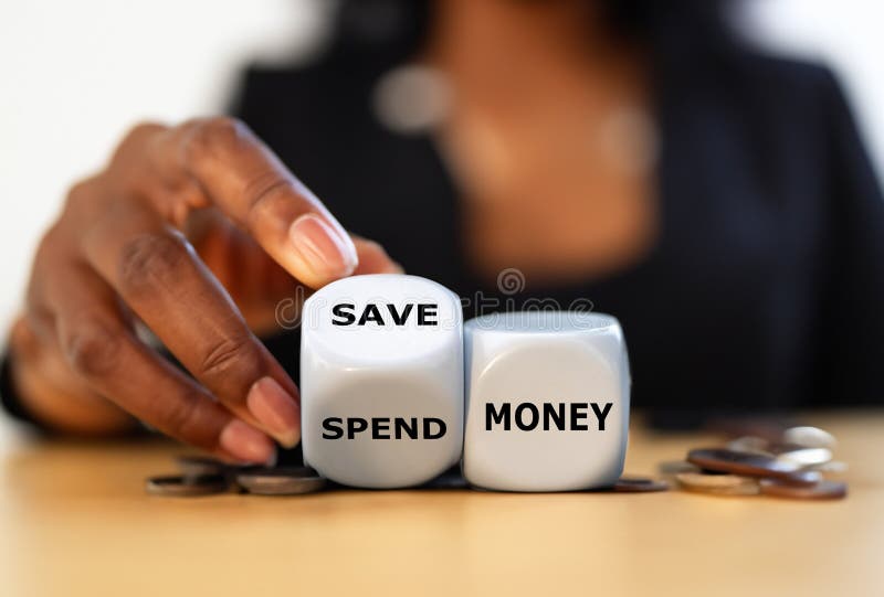 Woman Turns Dice and Changes the Expression Spend Money To Save Money ...
