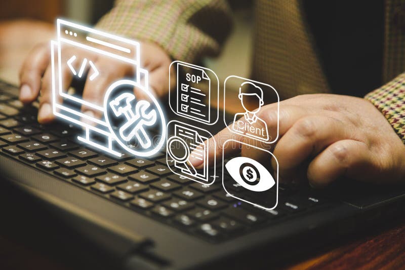 A Woman Types with Digital Icons Representing Build Systems, Software ...