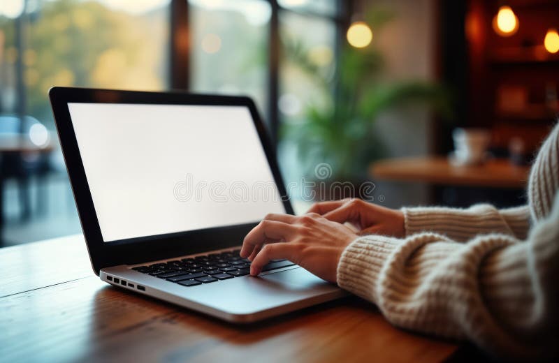 Woman Types on Laptop in Coffee Shop. Hands Type on Keyboard. Empty ...