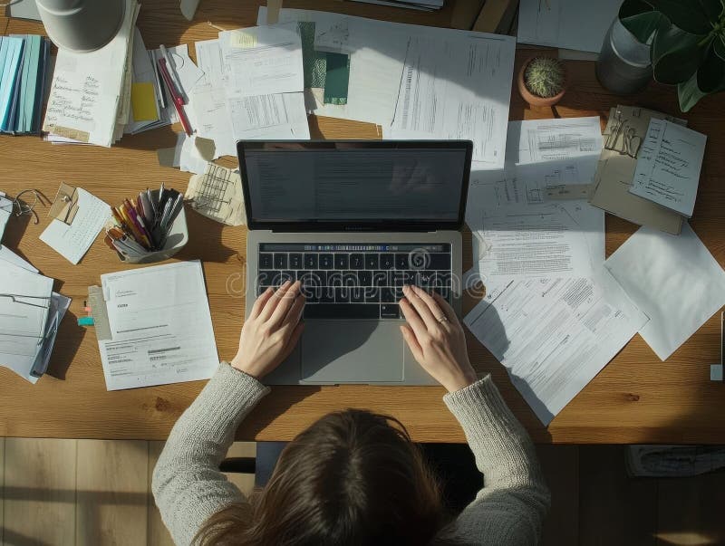 Woman Types on Laptop Surrounded by Paperwork. Remote Work, Home Office ...