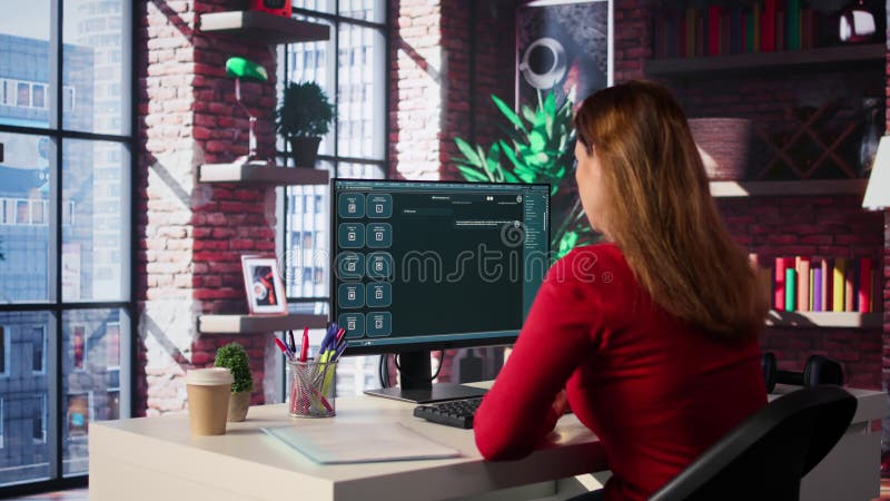 Woman Typing on a Computer and Chatting with an AI Assistant Stock ...