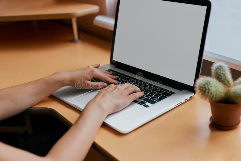 Woman Typing on Her White Laptop Computer at Working Desk Stock Photo ...