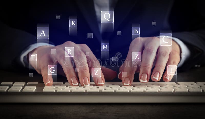 Woman Typing on Keyboard with Letters Around Stock Image - Image of keypad, business: 143449821