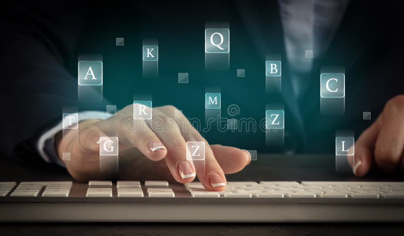 Woman Typing on Keyboard with Letters Around Stock Photo - Image of ...