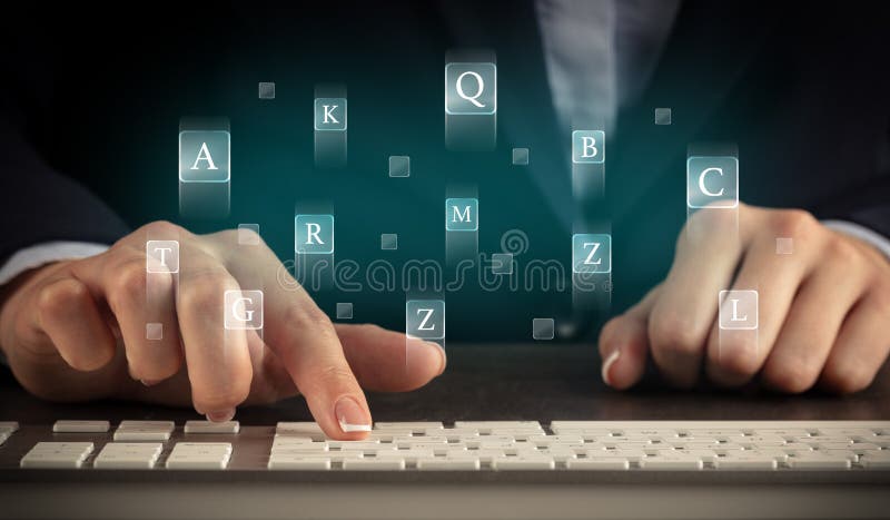 Woman Typing on Keyboard with Letters Around Stock Photo - Image of ...