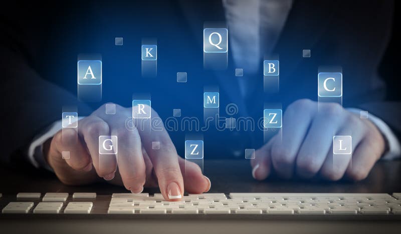 Woman Typing on Keyboard with Letters Around Stock Image - Image of ...