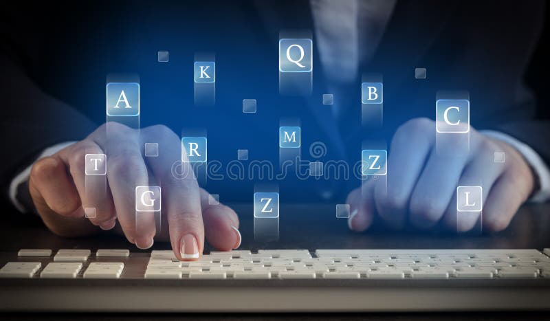 Woman Typing on Keyboard with Letters Around Stock Photo - Image of ...