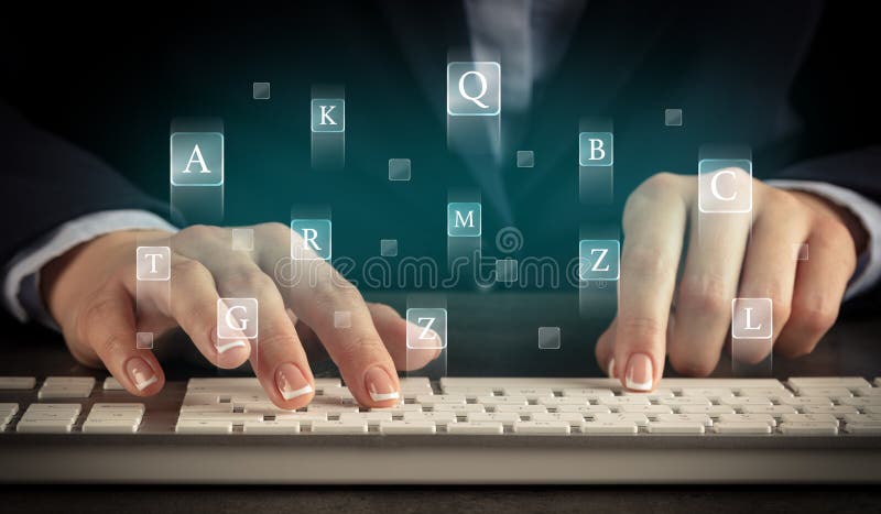 Woman Typing on Keyboard with Letters Around Stock Image - Image of ...