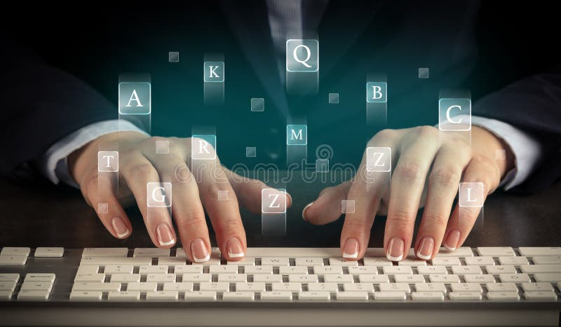Woman Typing on Keyboard with Letters Around Stock Image - Image of ...