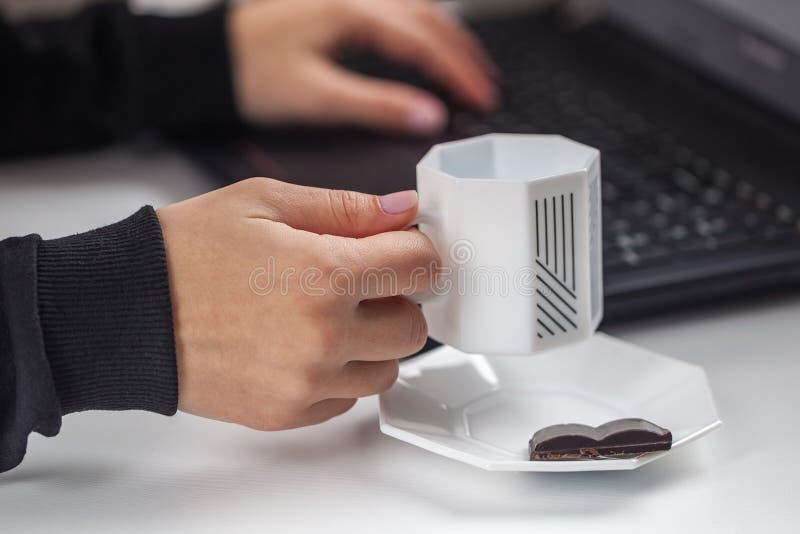 Woman Typing Keyboard with White Small Cup of Coffee on White T Stock ...