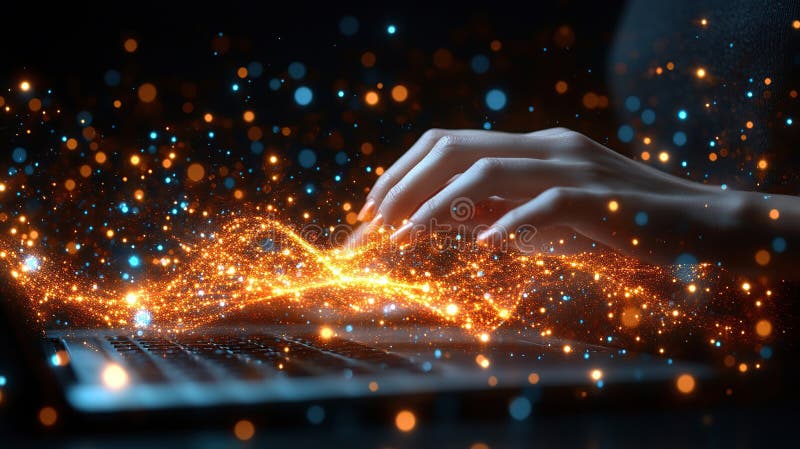 Woman Typing on Laptop, Abstract Particles, Dark Background Stock ...