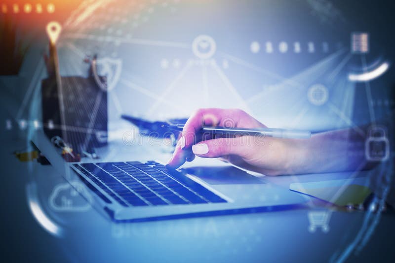 Woman Typing on Laptop, Big Data Interface Stock Image - Image of ...