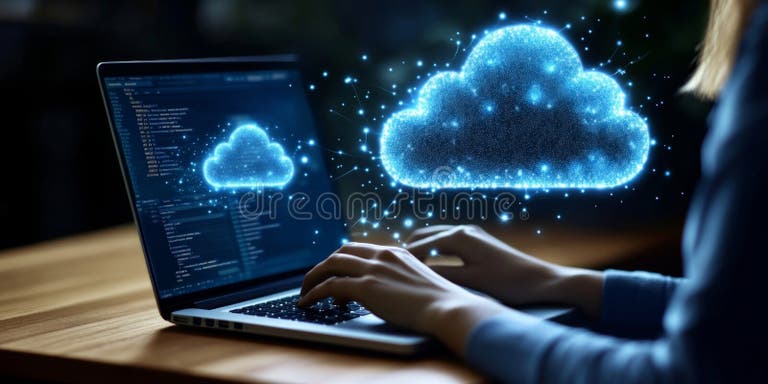 Woman Typing on Laptop, Cloud Computing Banner. Digital Technology ...