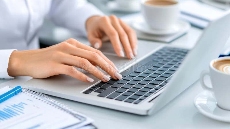 A Woman Typing on a Laptop Computer with Coffee and Papers, AI Stock ...