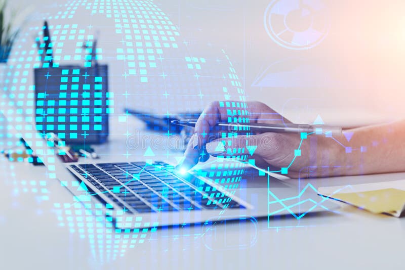 Woman Typing on Laptop, Global Network Interface Stock Photo - Image of ...