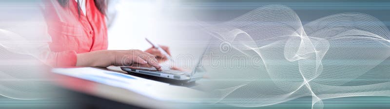 Woman Typing on Laptop, Light Effect. Panoramic Banner Stock Photo ...