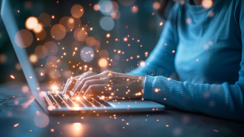 Woman Typing on Laptop with Sparkling Lights Stock Illustration ...