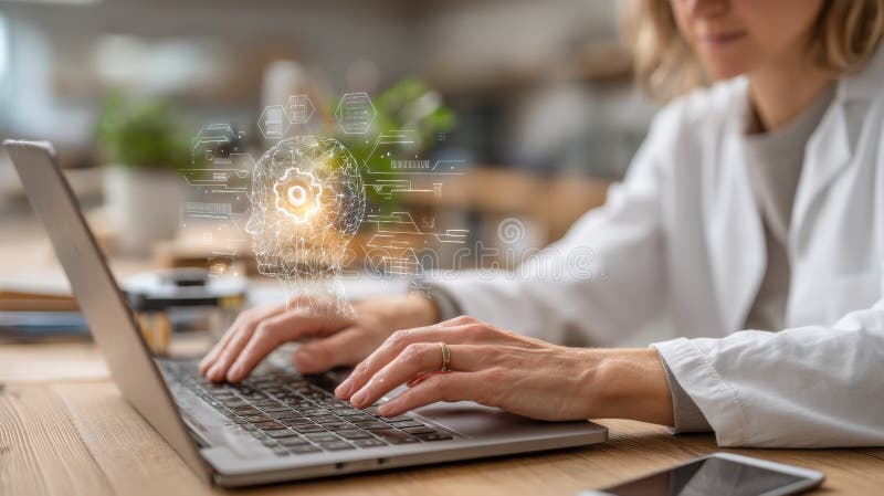 A Woman Typing on a Laptop with Virtual Interface: Embracing the ...