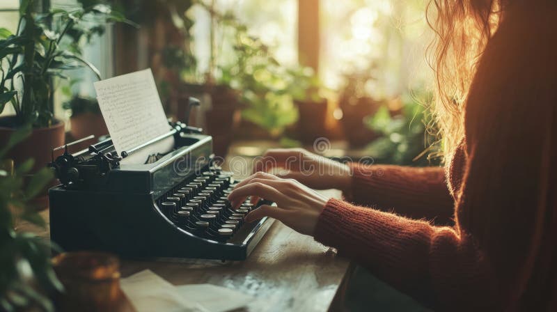 A Woman Typing on a Vintage Typewriter Surrounded by Plants, Creative ...