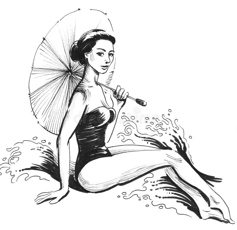 Woman Sitting Umbrella Ink Black Stock Illustrations 2 Woman Sitting